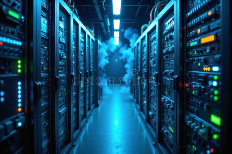 A Futuristic it Infrastructure Scene with Bright Blue and Green LEDs ...