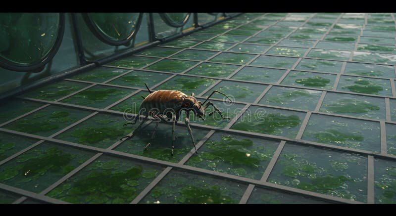 A Futuristic Insect Crawls Across a Bio-luminescent Algae-Covered Glass ...