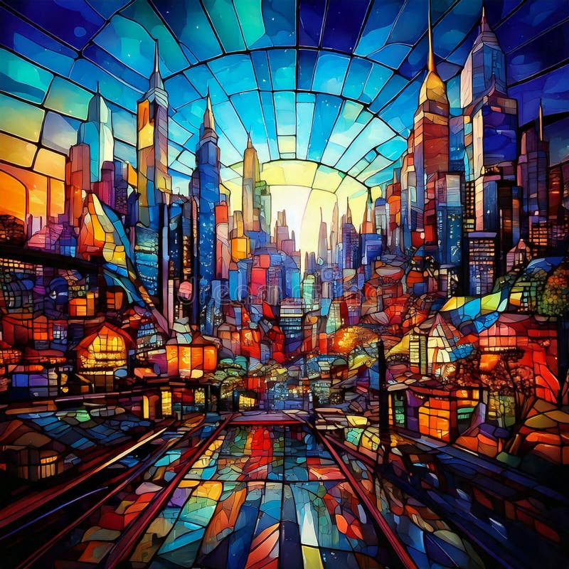 Futuristic Inspired Stained Glass Window and Cityscape, AF Stock Image ...