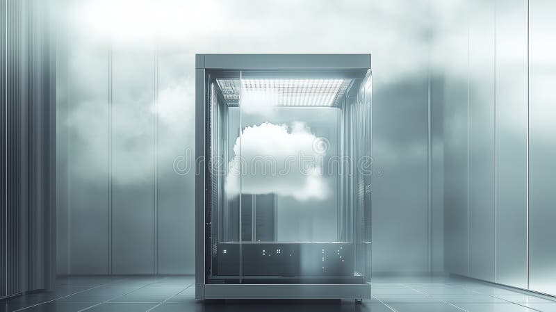 A Futuristic Installation with a Cloud Hovering Inside a Glass Chamber ...