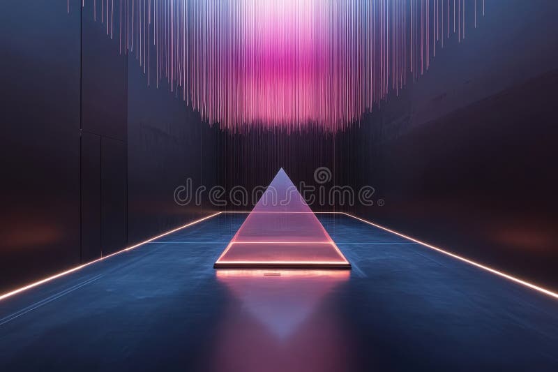 Futuristic Installation with Illuminated Glass Pyramid and Neon ...