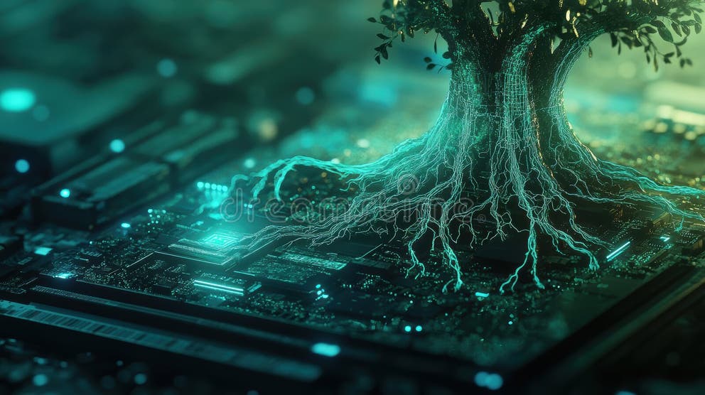 Futuristic Integration of Technology and Nature, Glowing Tree with ...