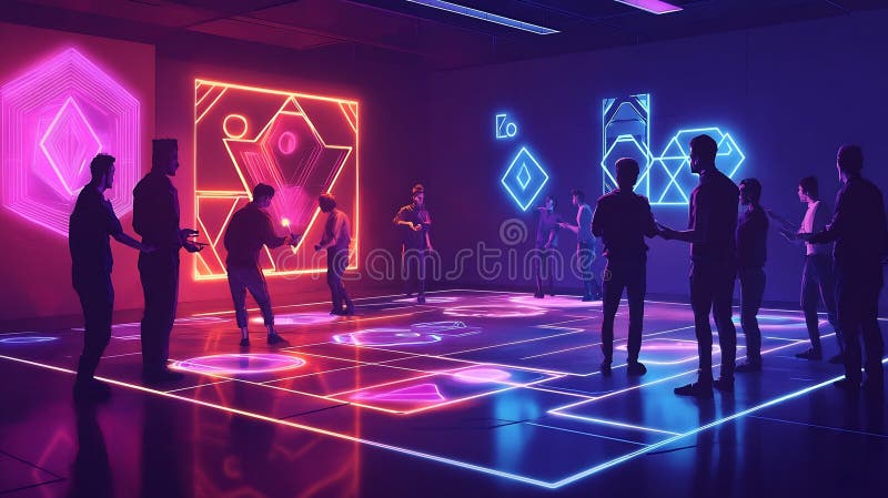 Futuristic Interactive Dance Floor with Glowing Geometric Icons in a Tech Exhibition Showcase ...