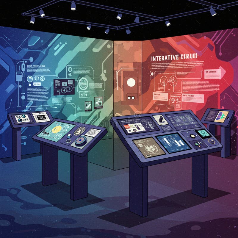Futuristic Interactive Exhibit Room with Several Touch-screen Panels on Pedestals, Stock ...