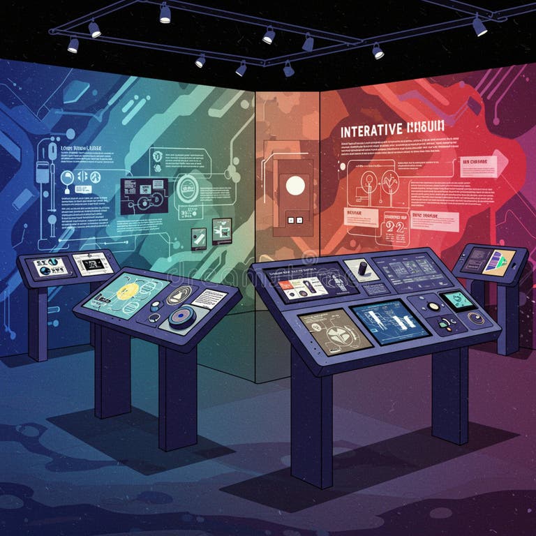 Futuristic Interactive Exhibit Room with Several Touch-screen Panels on Pedestals, Stock ...