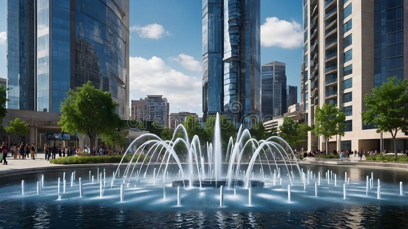Futuristic Interactive Fountain in a City Plaza with Sensor-Controlled ...