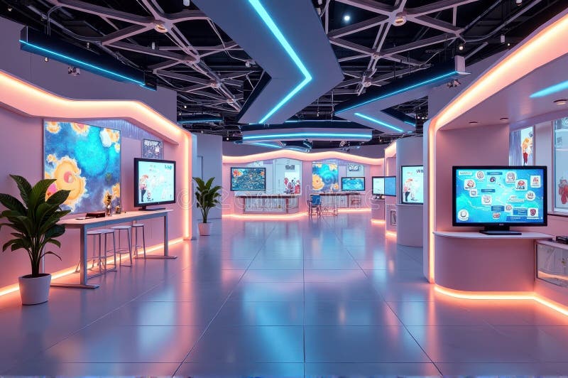 Futuristic Interactive Retail Space with Neon Lights and Digital ...