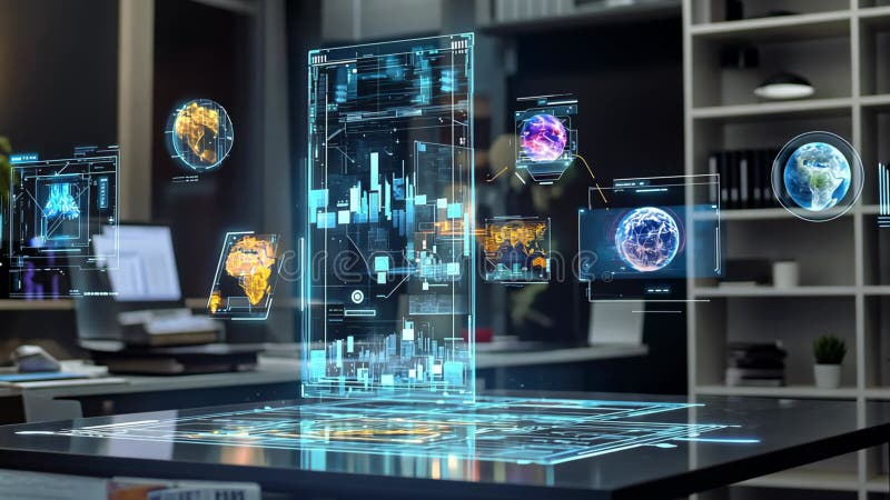 Futuristic Interactive Smart Table with Glowing Holographic Projection ...