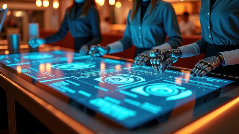 Futuristic Interactive Table with Robotic Arms Stock Illustration ...