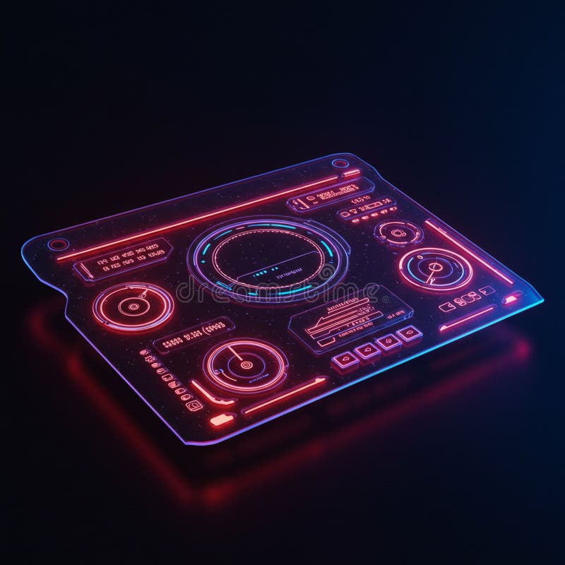 Futuristic Interface Design Displaying a Digital Control Panel with Circular Gauges and Stock ...