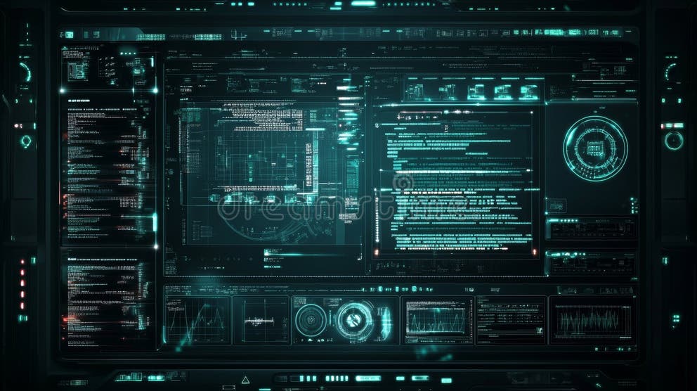 Futuristic Interface Displaying Complex Data Analysis and Code Execution Stock Illustration ...