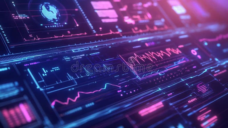 Futuristic Interface Displaying Complex Data Analysis and Statistics with Charts and Graphs ...