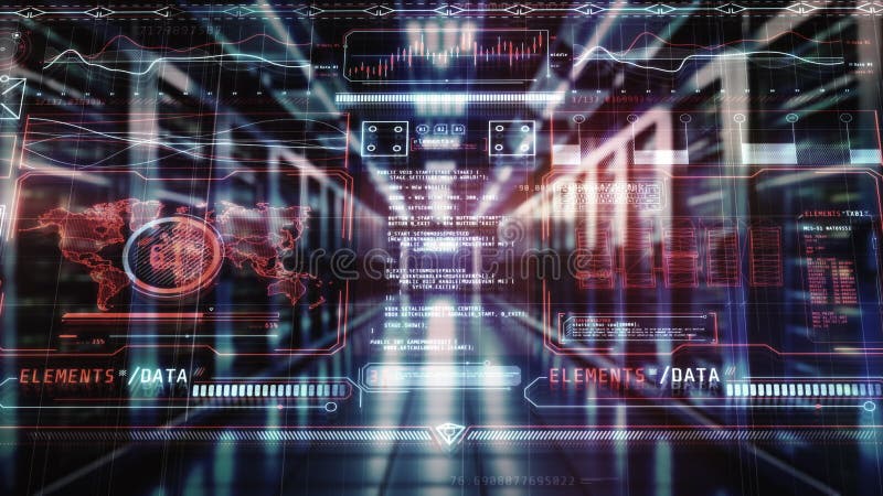 Futuristic Interface Displaying Global Data And Server Room Activity Stock Footage Video Of