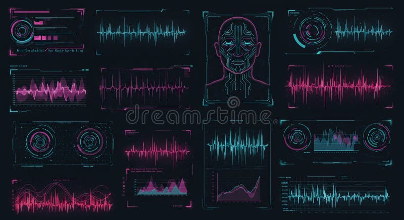 Futuristic Interface Displaying Multiple Digital Screens Featuring Graphs, Waveforms, Stock ...