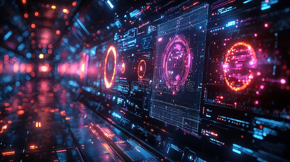 A Futuristic Interface Glows with Neon Circles and Data, Illustrating ...