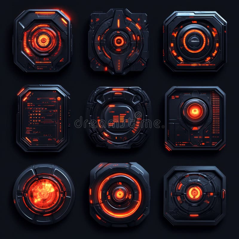 Futuristic Interface Elements Set Sci Fi HUD Design with Glowing Orange ...