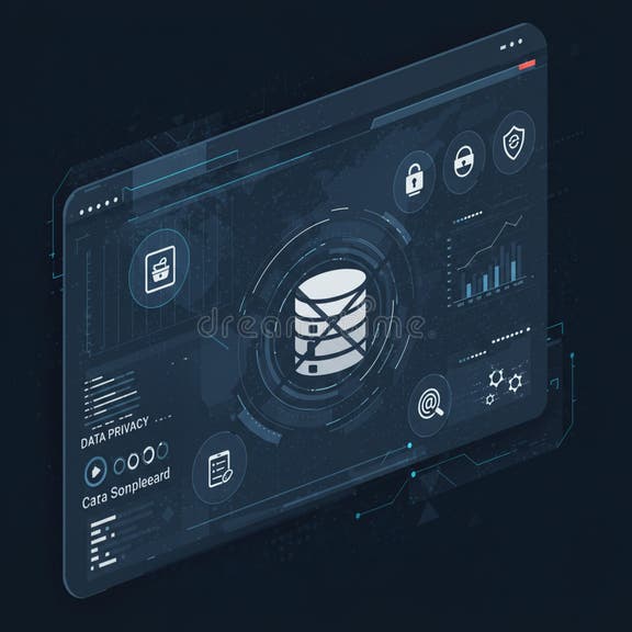 Futuristic Interface Featuring a Central 3D Database Icon Surrounded by ...