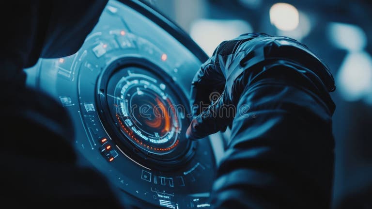 Futuristic Interface with Gloved Hand Interaction Stock Photo - Image ...