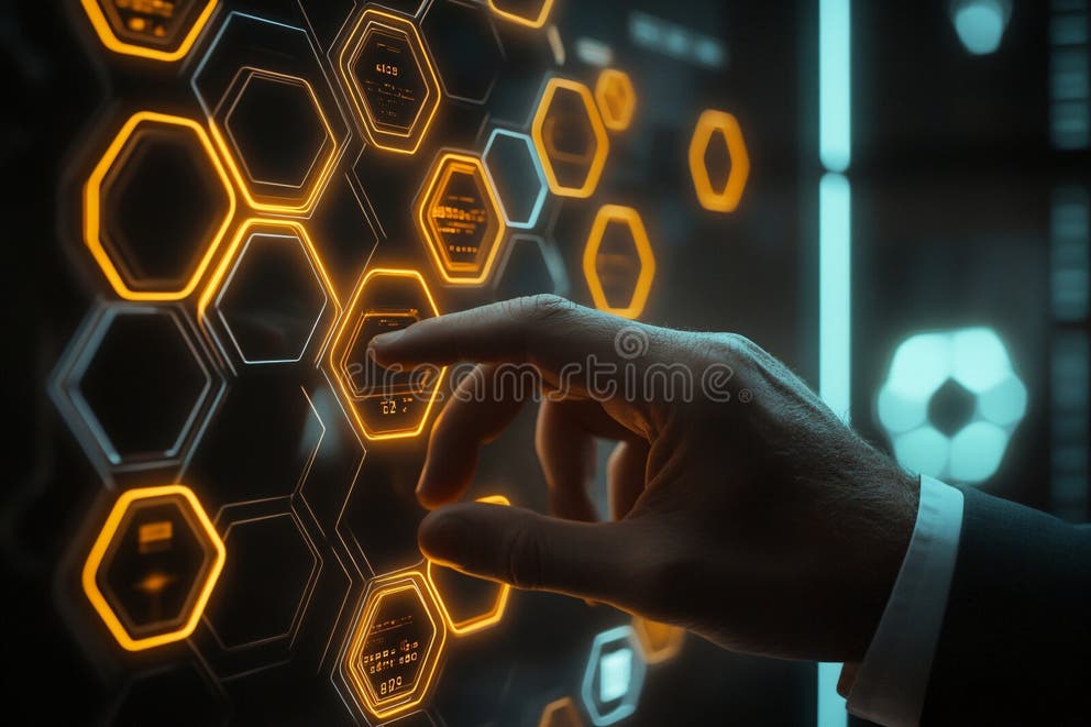 Futuristic Interface Hand Interacting with Hexagon Data Display AI Generated. Stock Illustration ...