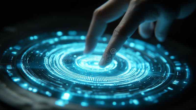 Futuristic Interface Hand Interacting with Holographic Display Stock ...