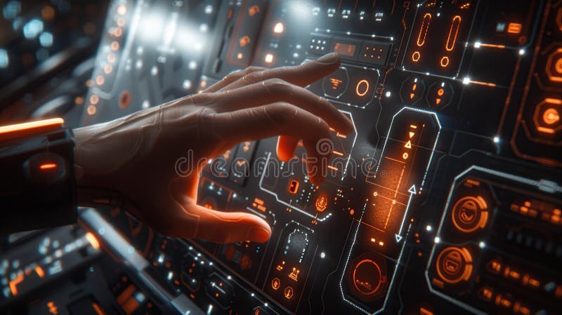 Futuristic Interface: a Hand Interacts with a Sleek, High-Tech Control ...
