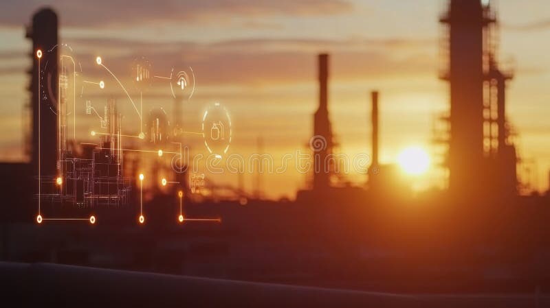 Futuristic Interface with Icons on Background of Oil Refinery at Sunset ...