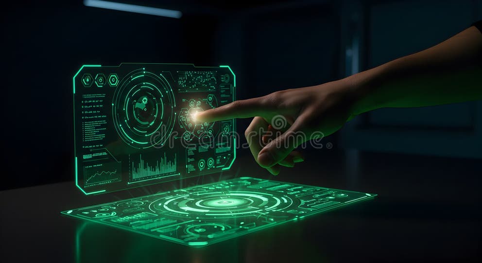 Futuristic Interface Interaction: Finger Tapping on a Glowing High-Tech ...