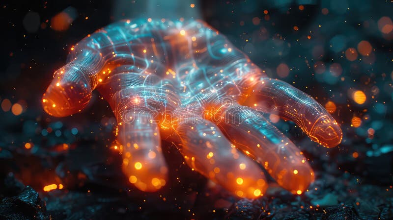 Futuristic Interface Interaction: Man Using Robotic Hands To Control Digital Data Stock Photo ...