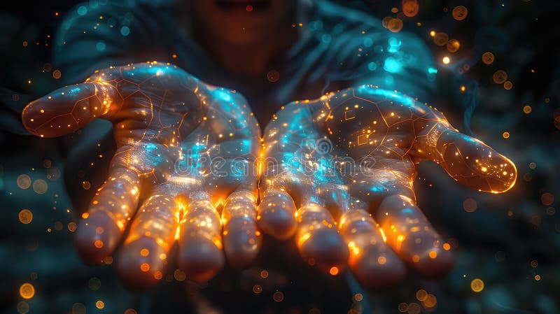 Futuristic Interface Interaction: Man Using Robotic Hands To Control Digital Data Stock Image ...