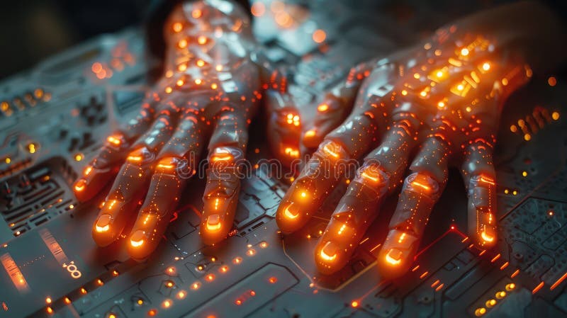 Futuristic Interface Interaction: Man Using Robotic Hands To Control Digital Data Stock Image ...