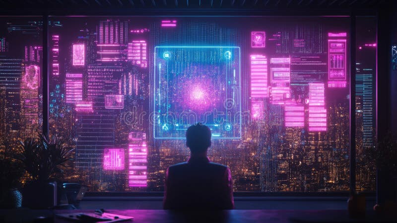 Futuristic Interface: Man Observing Neon Data Display in Cityscape ...