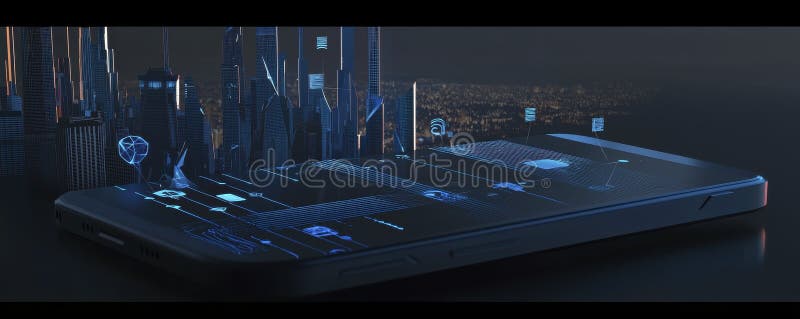 Futuristic Interface with Modern City Skyline on Smartphone Stock Image ...