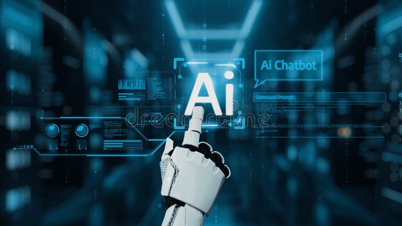 Futuristic Interface with Robotic Hand Interacting with Artificial Intelligence Chatbot Display ...