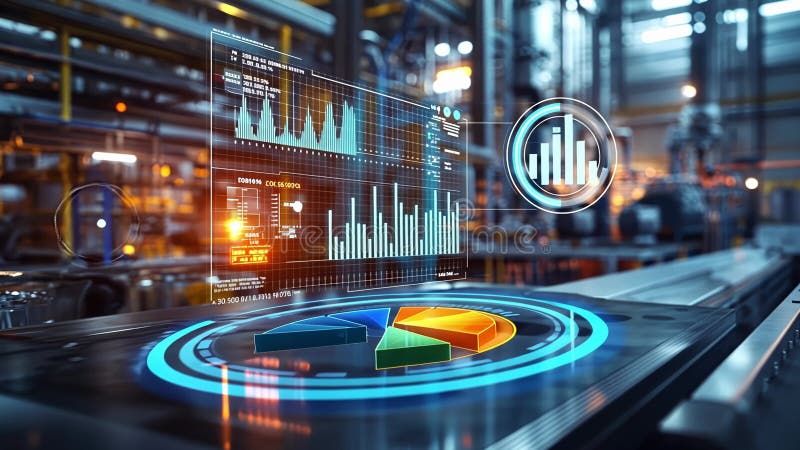 Futuristic Interface Showing Charts and Data Analysis in a Modern Factory Setting Stock Footage ...