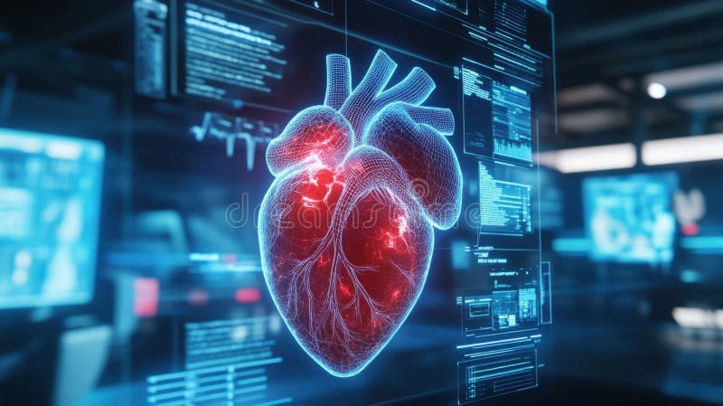 Futuristic Interface Showing Rotating Anatomical Red Human Heart and ...