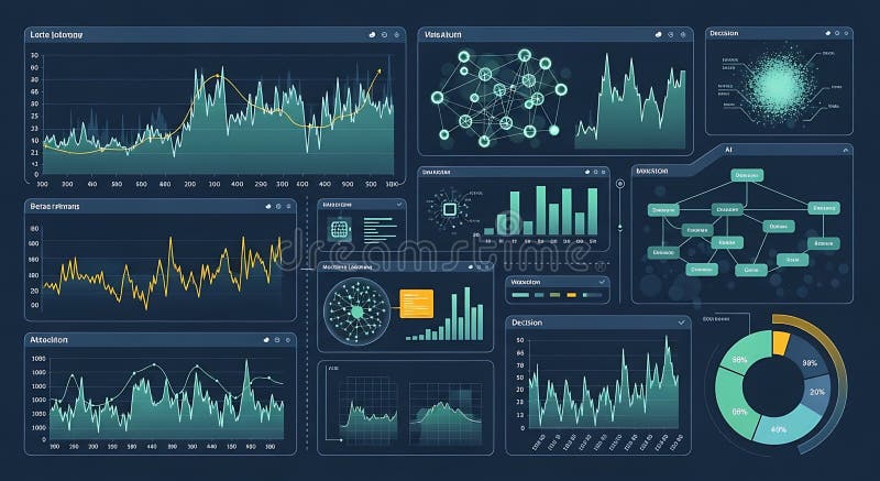 A Futuristic Interface Showing Various Data Visualizations and Network Diagrams Displayed Stock ...