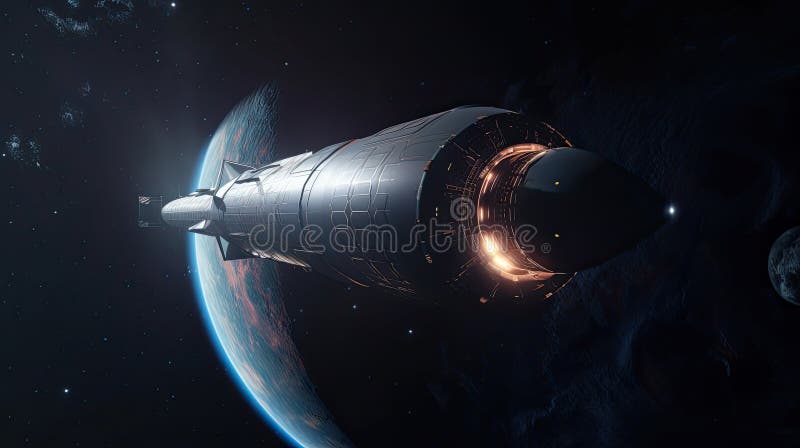 Futuristic Intergalactic Spaceship on the Background of a Blue Planet ...