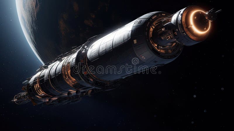 Futuristic Intergalactic Spaceship on the Background of a Blue Planet ...