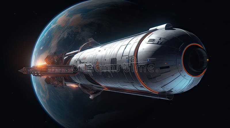 Futuristic Intergalactic Spaceship on the Background of a Blue Planet ...