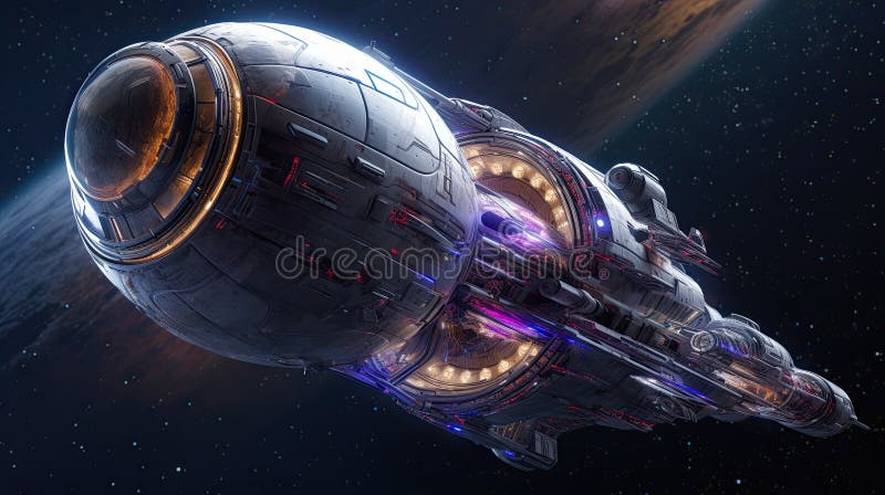 Futuristic Intergalactic Spaceship on the Background of a Blue Planet ...