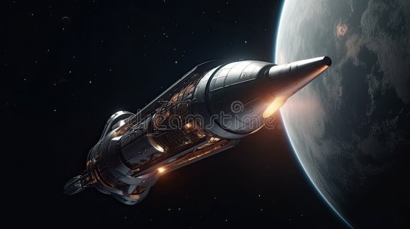 Futuristic Intergalactic Spaceship on the Background of a Blue Planet ...