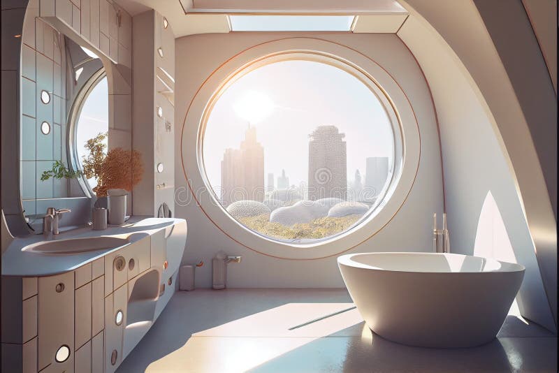 Futuristic Interior Bathroom with Window View Sunny Day Stock ...