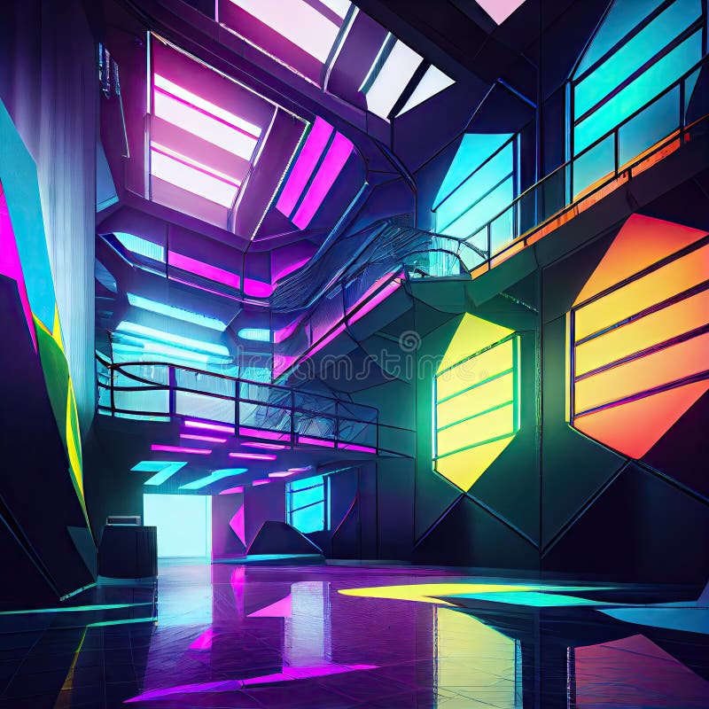 Futuristic Interior of Complex Technical Building with Multi-colored ...