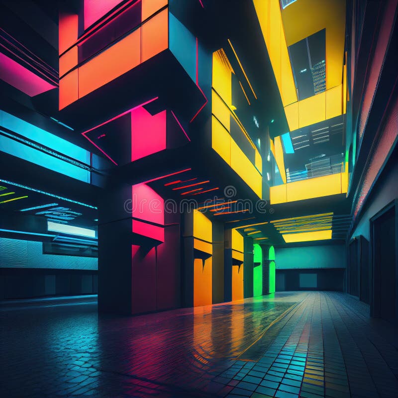 Futuristic Interior of Complex Technical Building with Multi-colored ...
