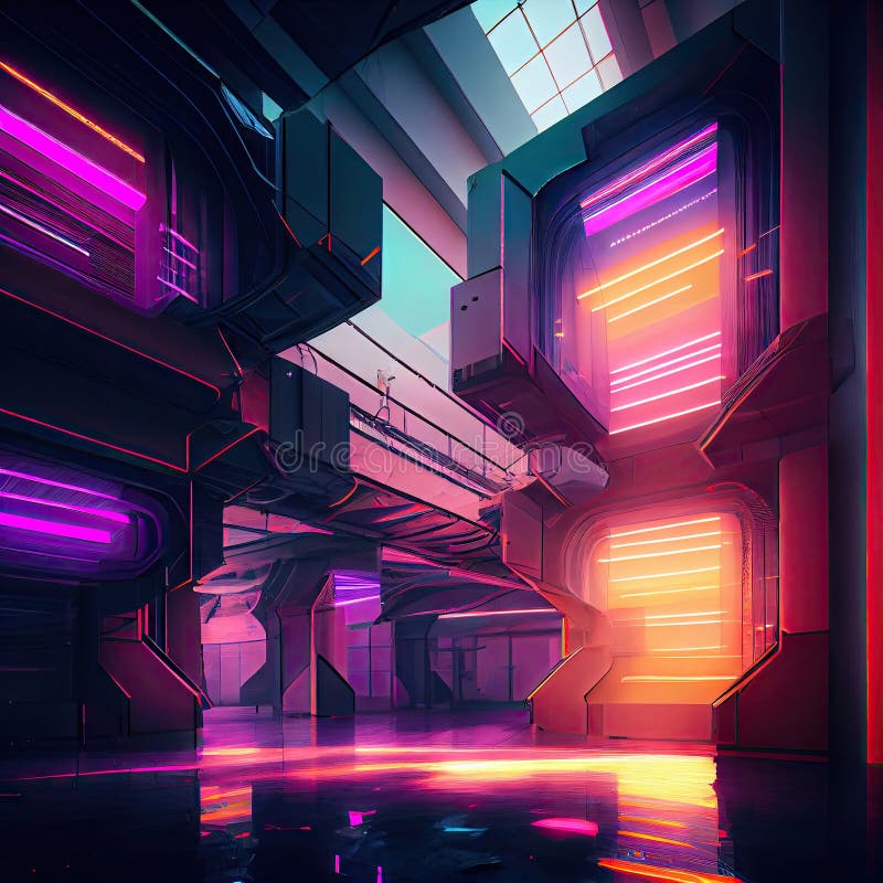 Futuristic Interior of Complex Technical Building with Multi-colored ...