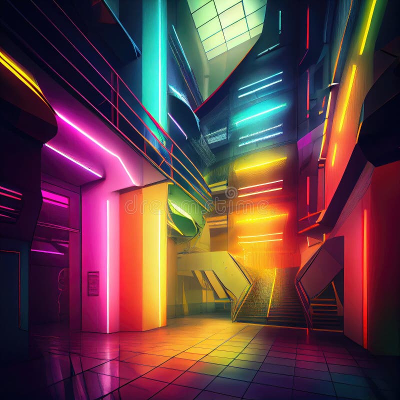 Futuristic Interior of Complex Technical Building with Multi-colored ...