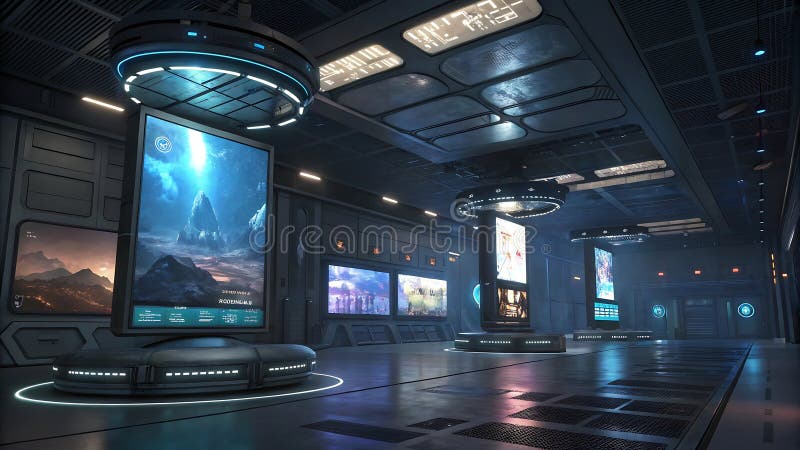 Futuristic Interior Corridor with Interactive Displays Stock ...