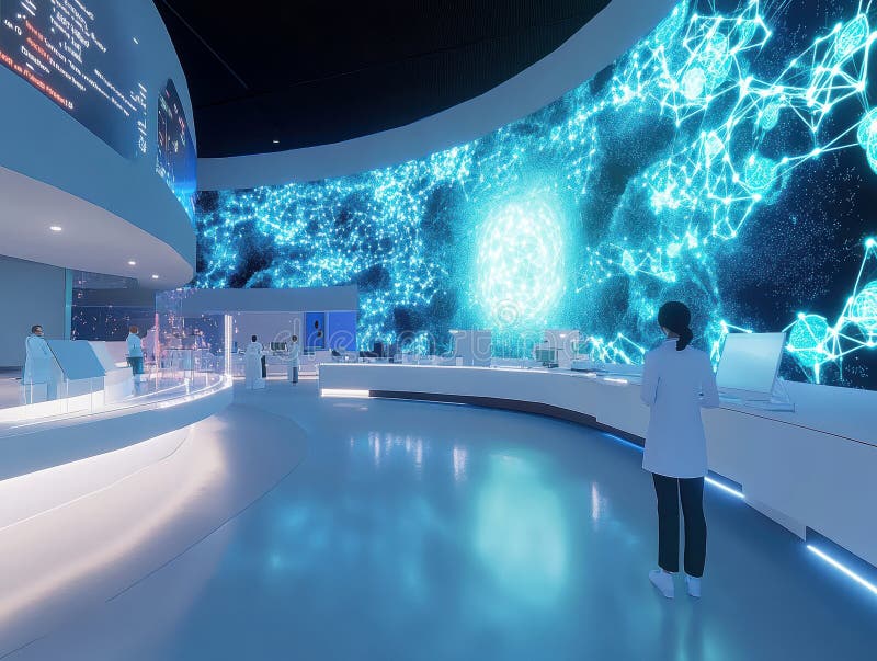Futuristic Interior with Curved Translucent Ceiling, Blue Lighting ...