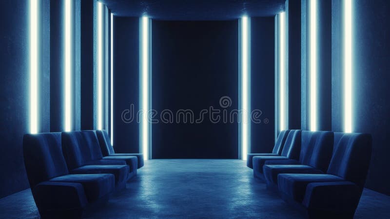 Futuristic Interior of Dark Room with Blue Neon Lights and Modern ...