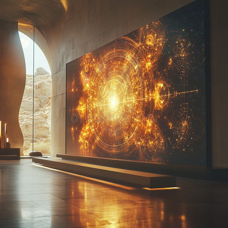 Futuristic Interior Design with Abstract Digital Art and Warm Lighting ...